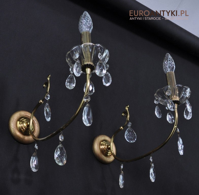 2 złote kinkiety z mosiądzu kryształowe wisiory. Lampy ścienne Vintage ...